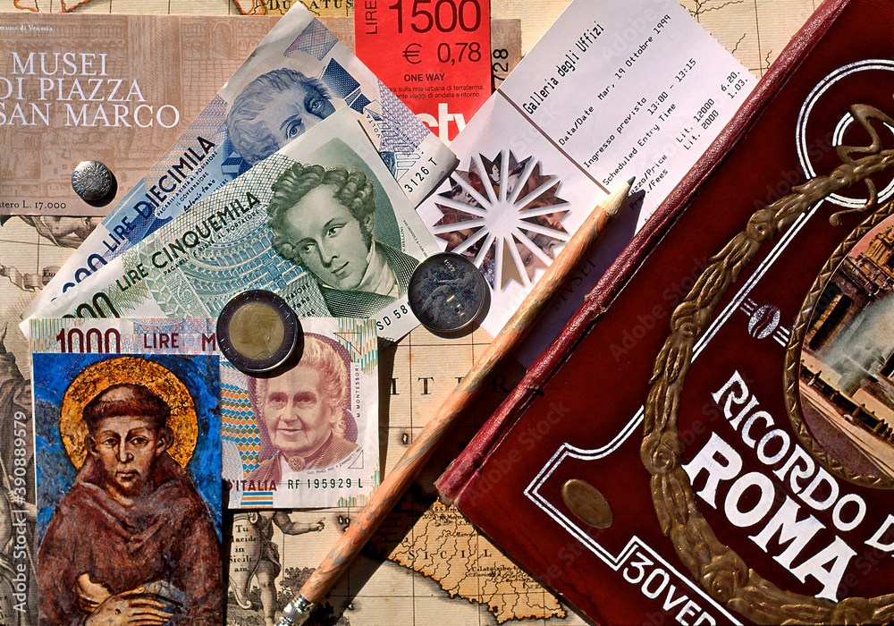 Vignette of Italian tour mementos through time. Stock Photo | Adobe Stock