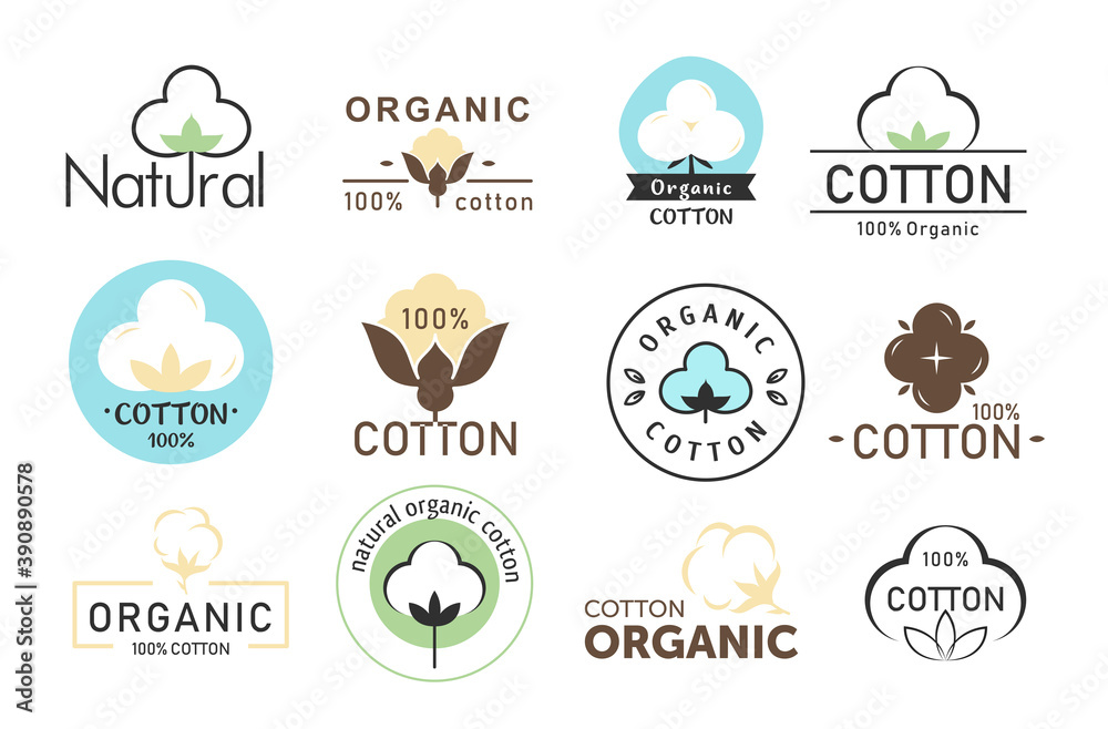 Vector illustration set of cotton logos, eco fabric, organic cotton ...