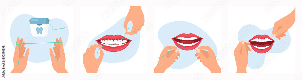 Vector illustration of using dental floss routine. Instruction how to ...
