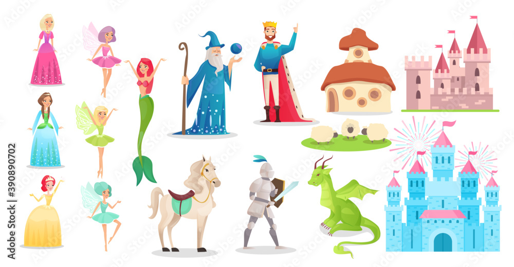 Fairy tale character set, cartoon princess, prince knight with sword ...