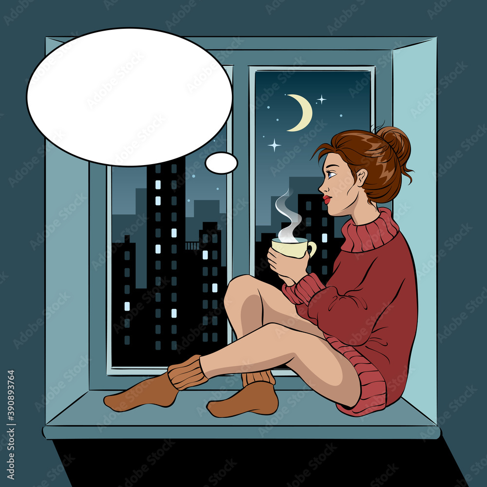 Girl sitting on a window sill, holding cup, looking at night city and ...