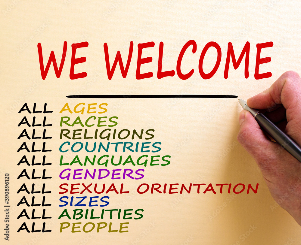 Hand writing 'we welcome', isolated on white background. Business ...