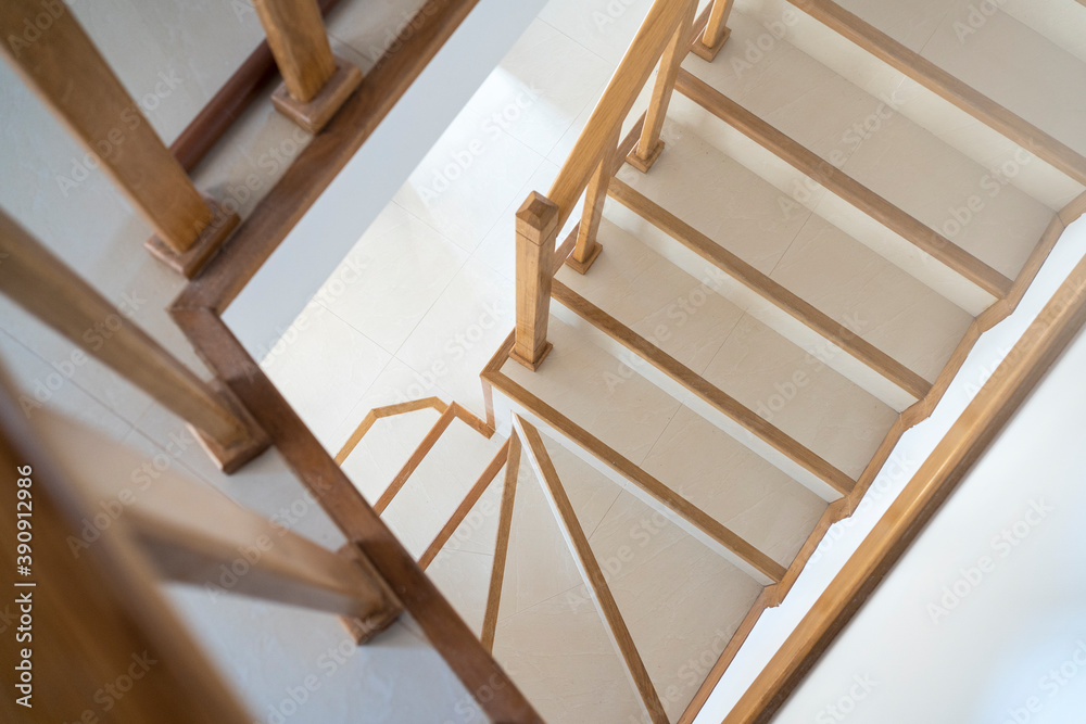 Contemporary stairway with wood handrail. Interior stairs. Staircase ...