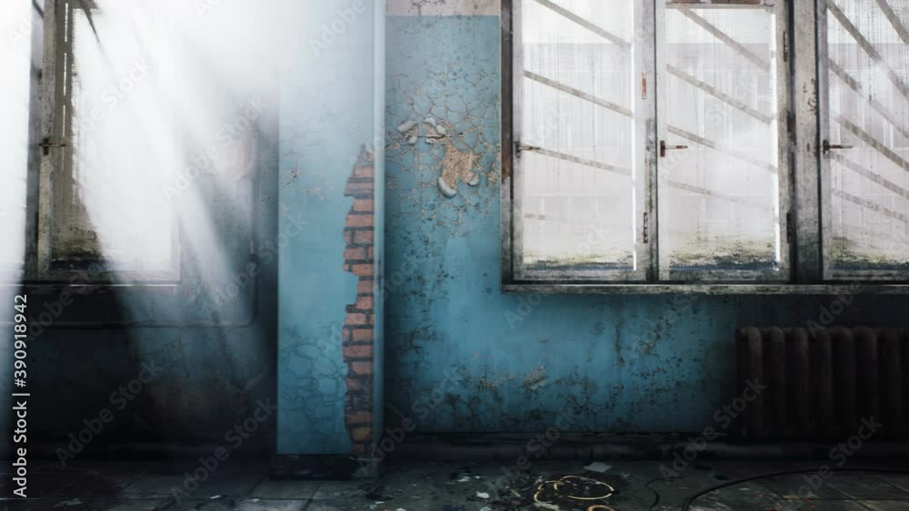 Corridor of an abandoned hospital with debris and dust on the floor ...
