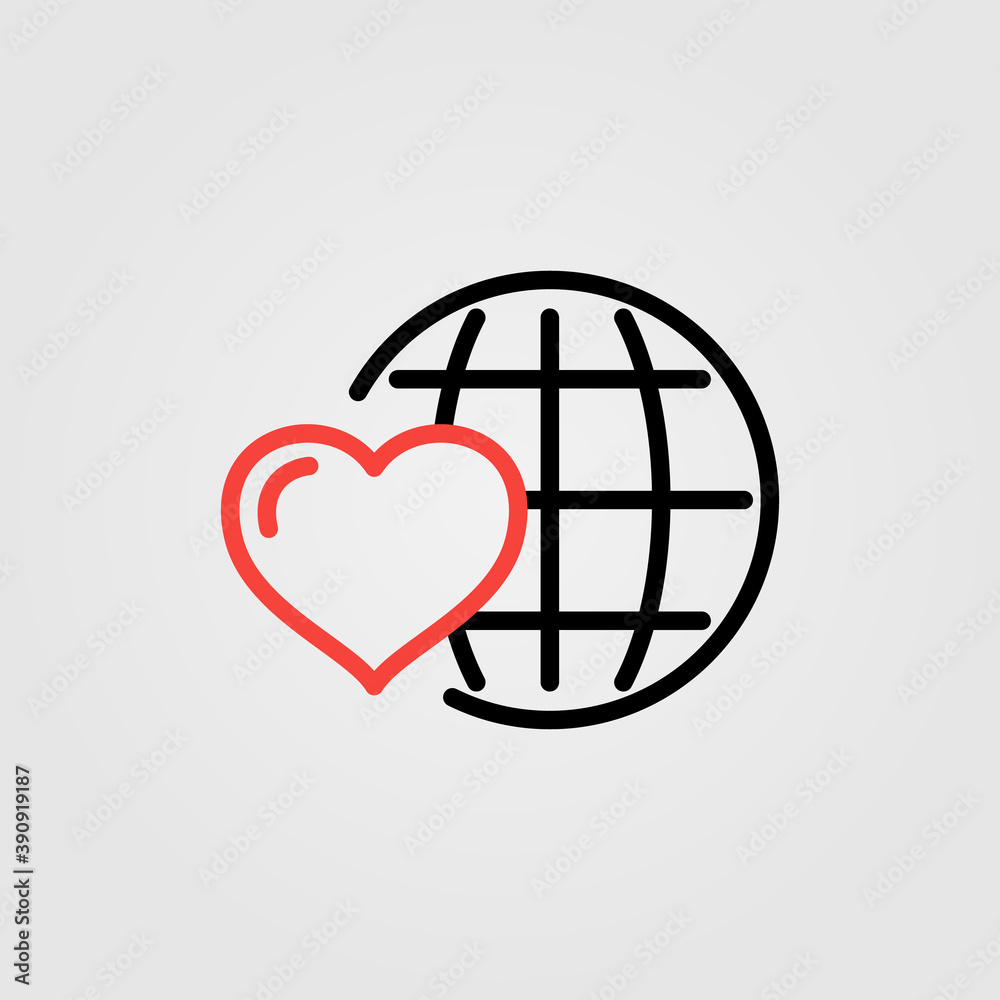 Globe with heart icon in line design style. World health day concept ...