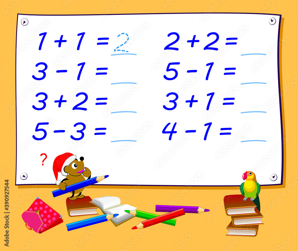 Math education for little children. Solve examples and write the ...