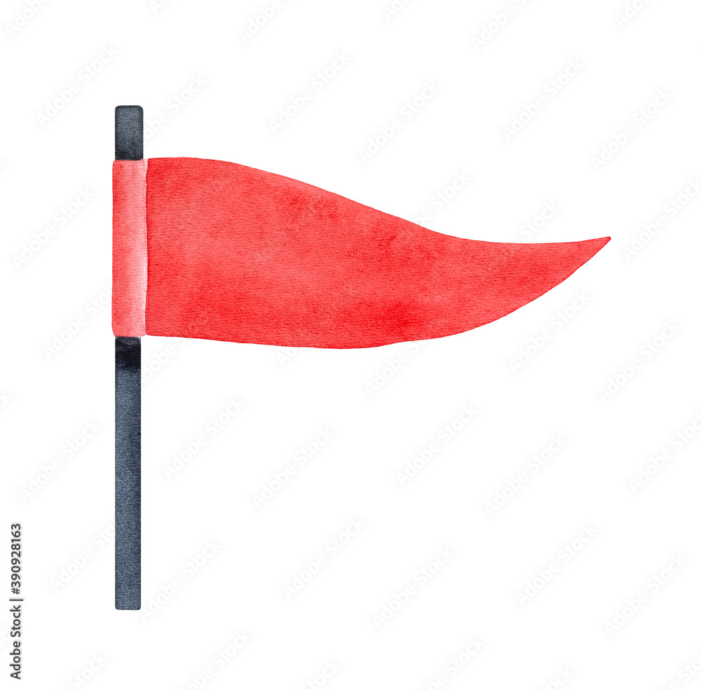 Water color illustration of bright red classic flag with black flagpole ...