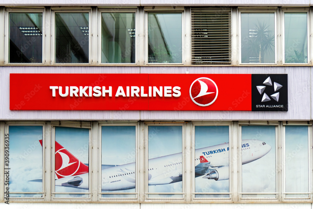 Turkish Airline logo on a facade in Wiesbaden city. Turkish Airlines ...