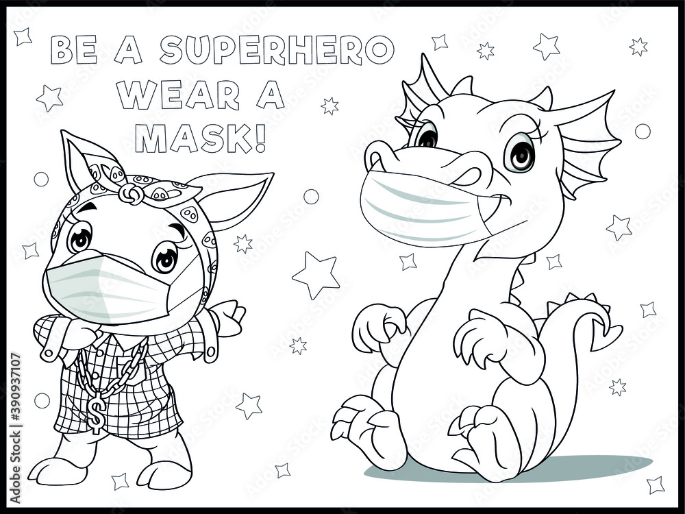 Cute animals wearing face masks. Coloring page- Black and White vector ...