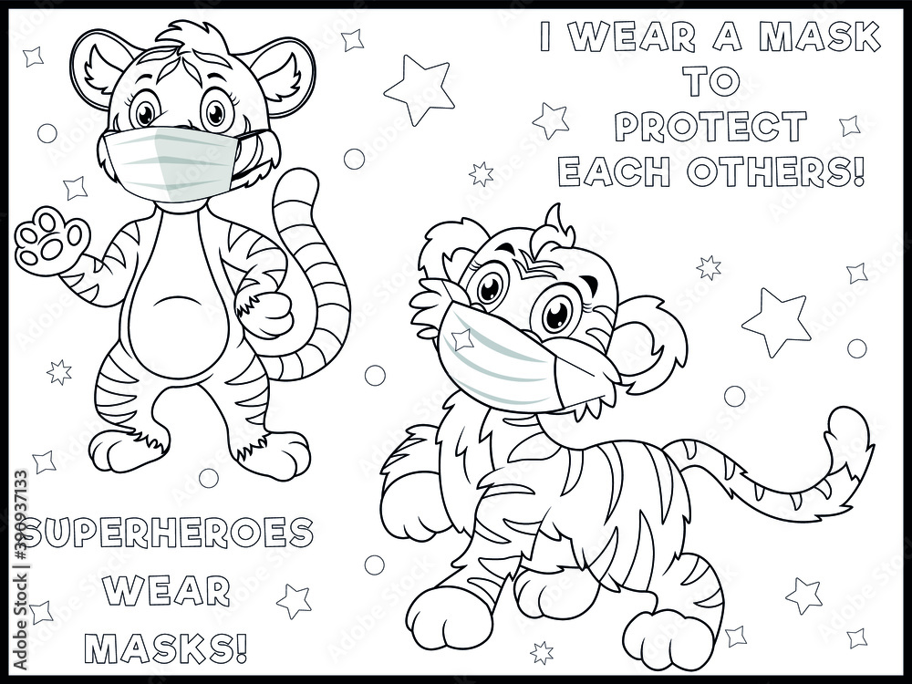 Cute animals wearing face masks. Coloring page- Black and White vector ...