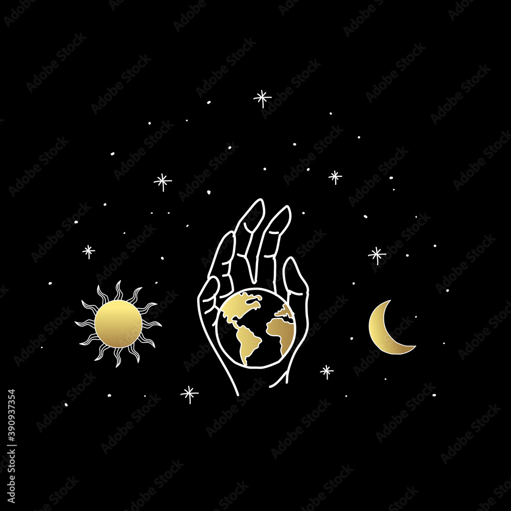 Earth held by the hand of almighty with the moon, star and sun. Symbol ...