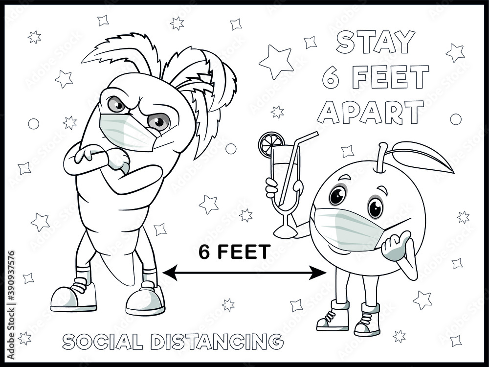 Cute animals wearing face masks. Coloring page- Black and White vector ...