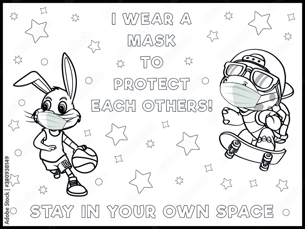 Cute animals wearing face masks. Coloring page- Black and White vector ...
