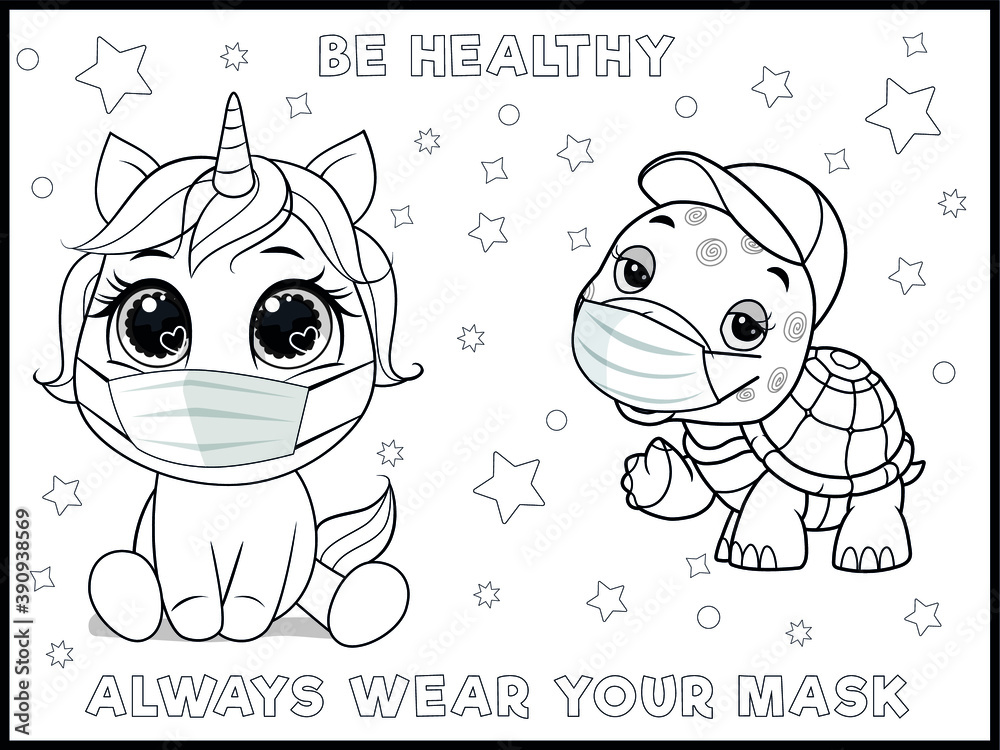 Vetor do Stock: Cute cartoon animals wearing face medical mask. Covid ...