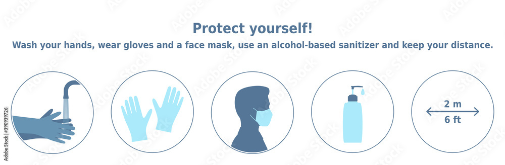 Vector illustration 'Protect yourself! Wash your hands, wear gloves and ...