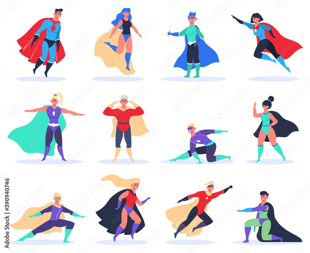 Female and male superheroes. Powerful superhero characters, brave ...