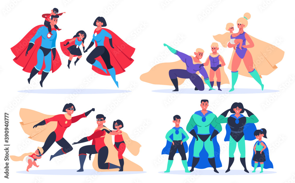 Superhero families. Wonder dad, mom and kids, superheroes characters in ...