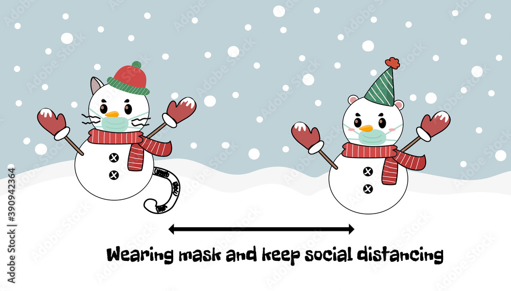 Flat vector illustration of Cute cartoon snowman’s wearing face mask ...