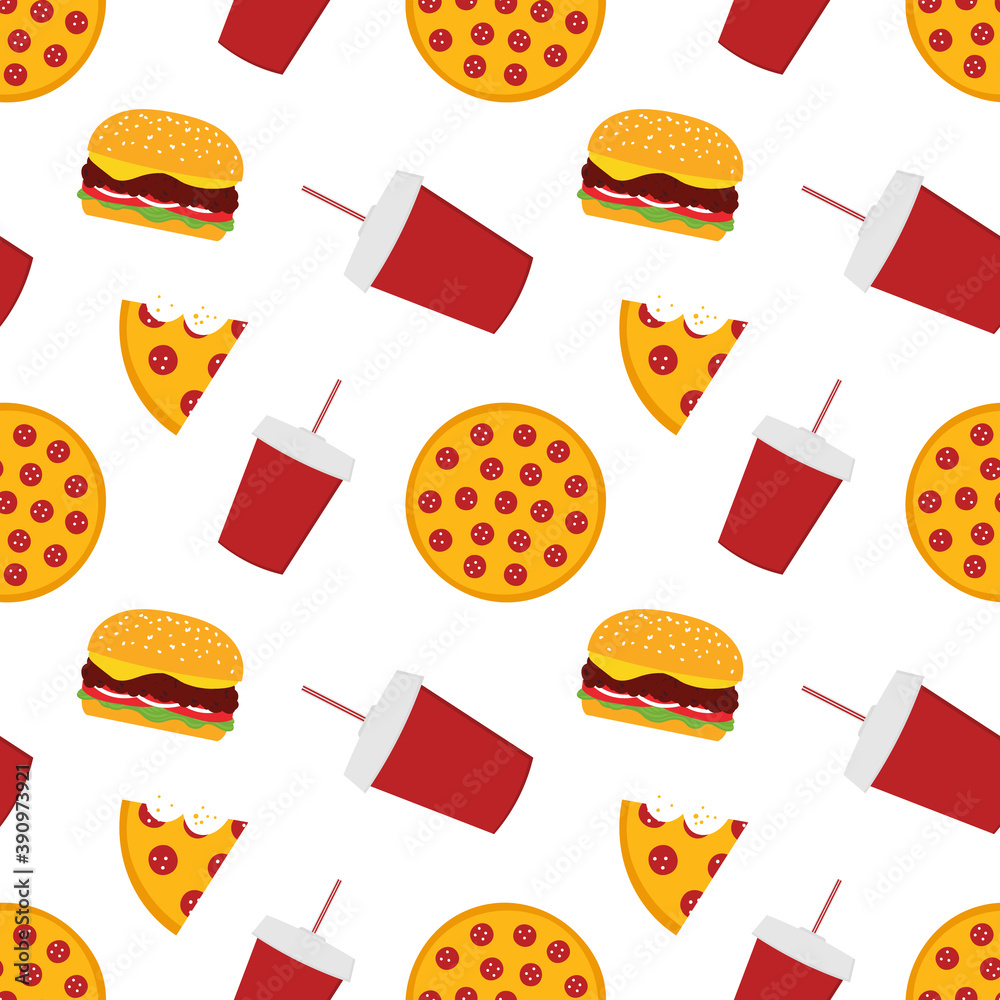Pepperoni pizza, cheeseburger and soft drink vector seamless pattern background. Fast food ...