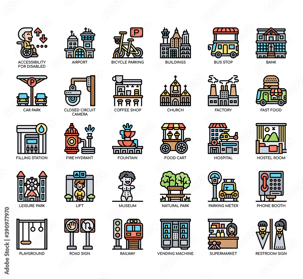 Set of City Element thin line and pixel perfect icons for any web and ...