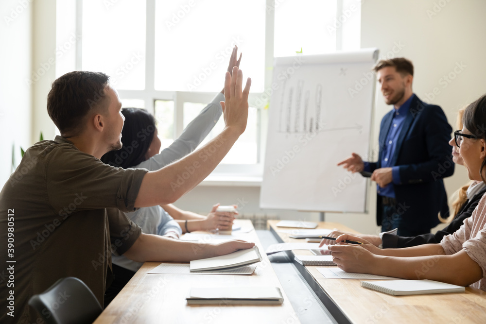 Informative training. Confident male expert coach giving lecture ...