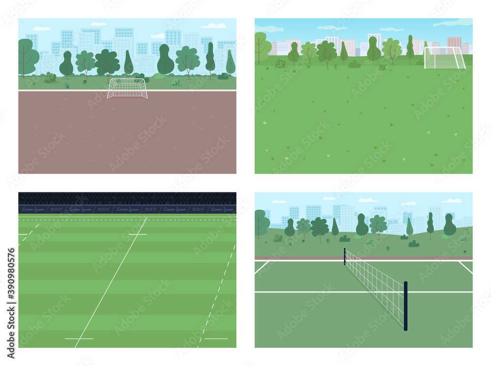 Urban park for sport game flat color vector illustration set. Space for ...