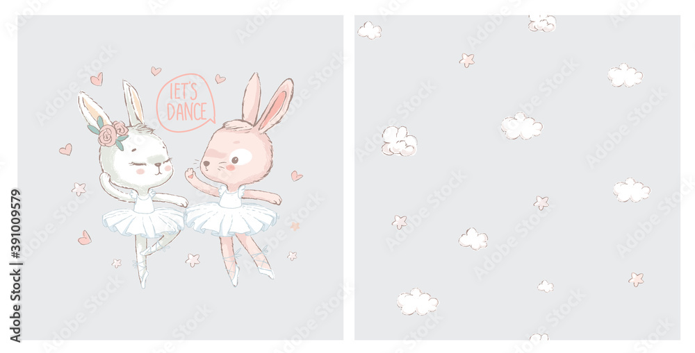 3 Sweet ballerina bunnys illustration vector. White dancing rabbits ...