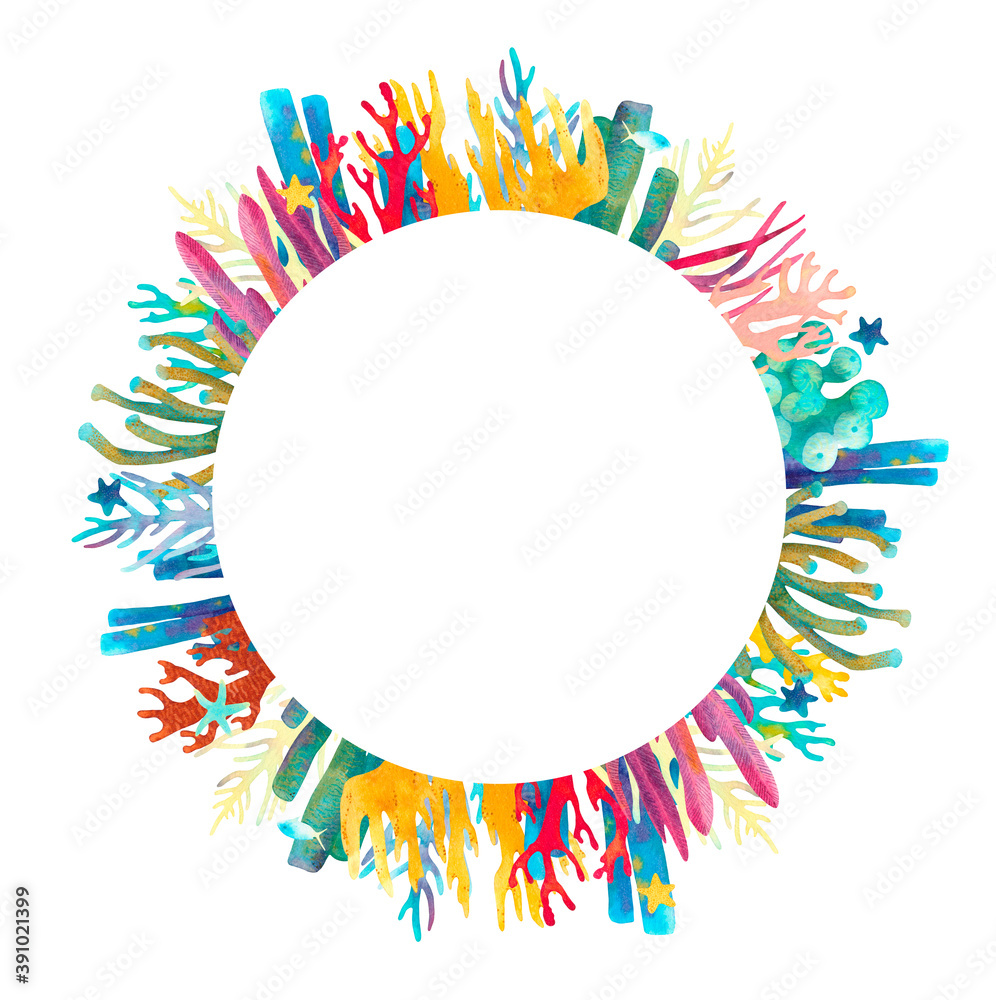 Coral reef watercolor illustration round frame. Hand drawn underwater ...