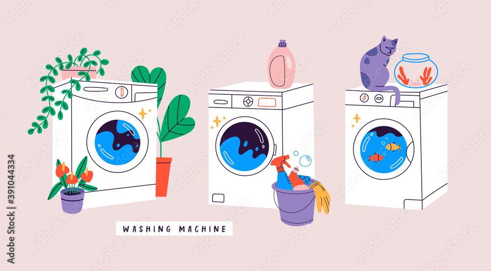 Set of three various Hand drawn Washing Machines. Cat, flowers, gold ...