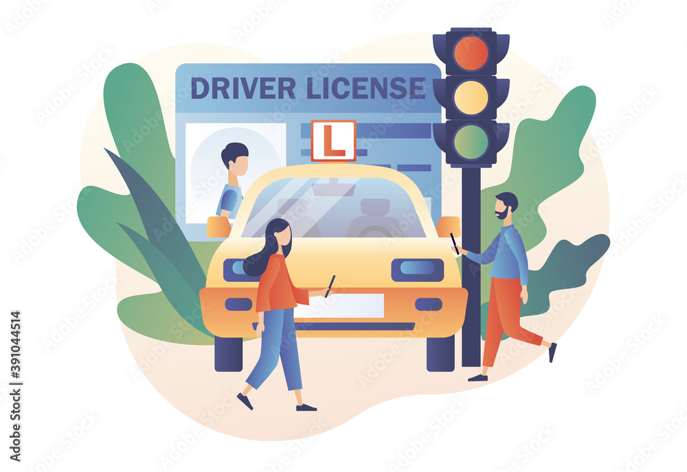 Tiny people studying in driving school and passing exams. Driver license. Traffic rules. Road ...