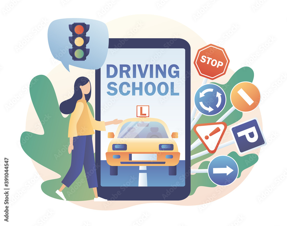 Driving school. Driver license. Tiny girl studying in drive lesson and ...