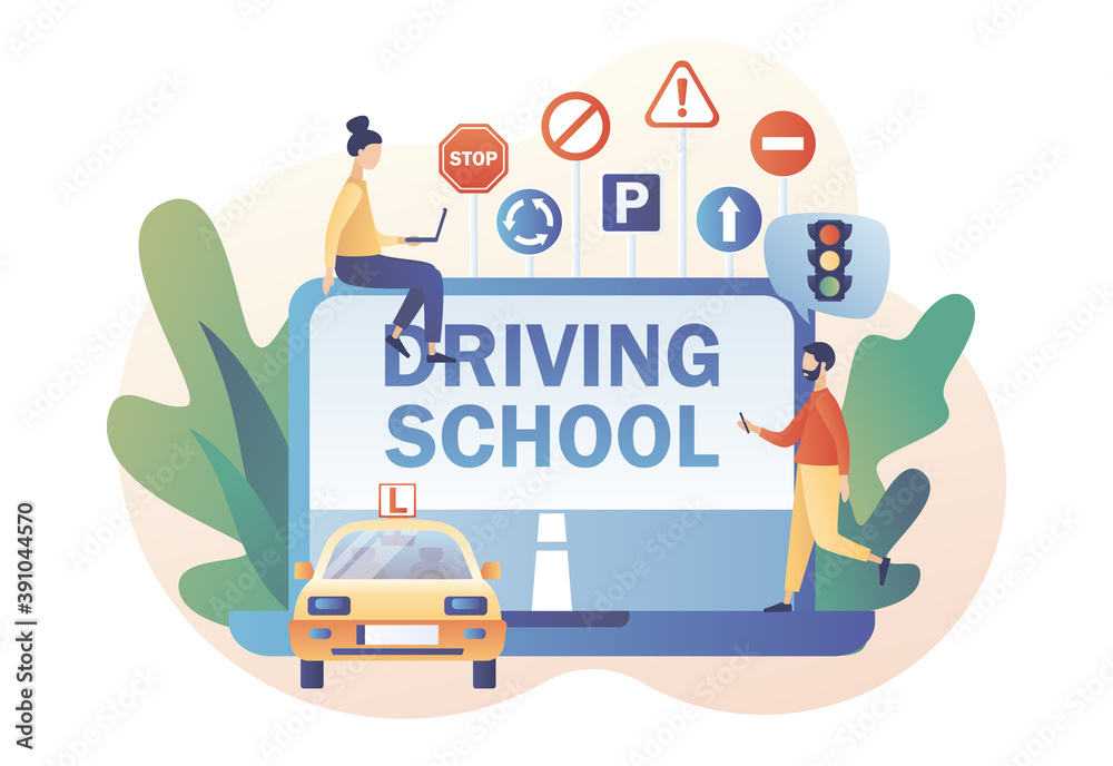 Driving school. Driver license. Tiny people studying in drive lesson ...