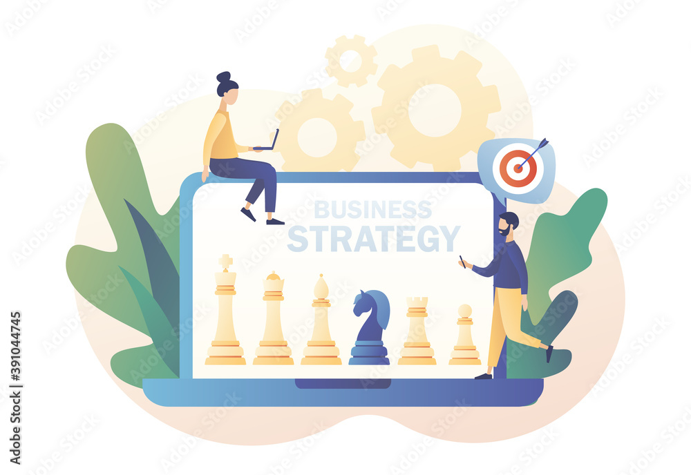 Business strategy. Chess game. Chess pieces on laptop screen. Tiny ...