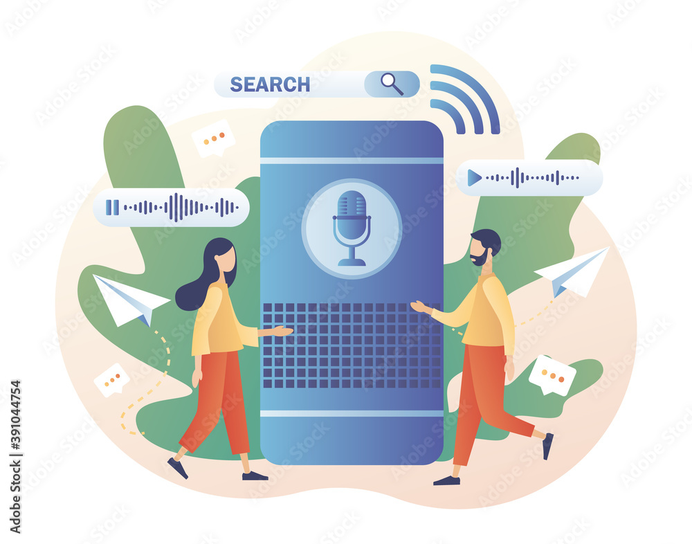 Voice assistant concept. Tiny people user with voice controlled smart ...