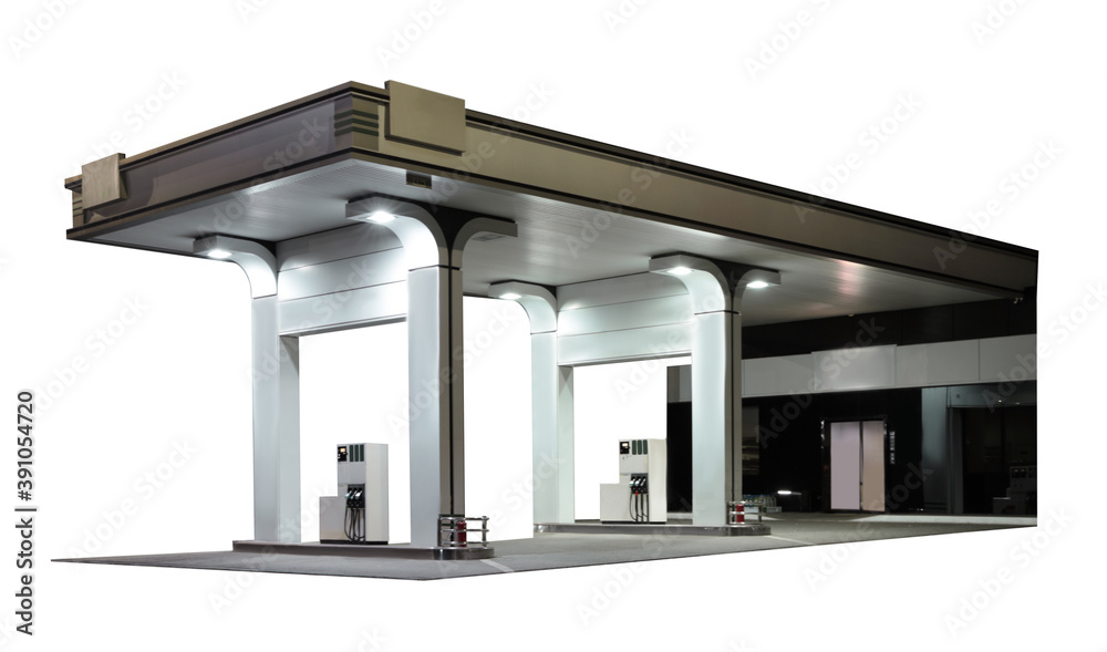 Modern gas station on white background, exterior Stock Photo | Adobe Stock