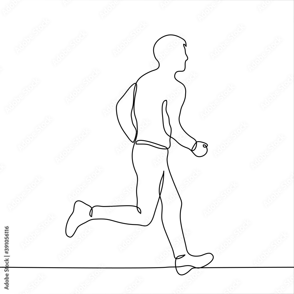 full length profile of a running man. one line drawing of a male figure ...