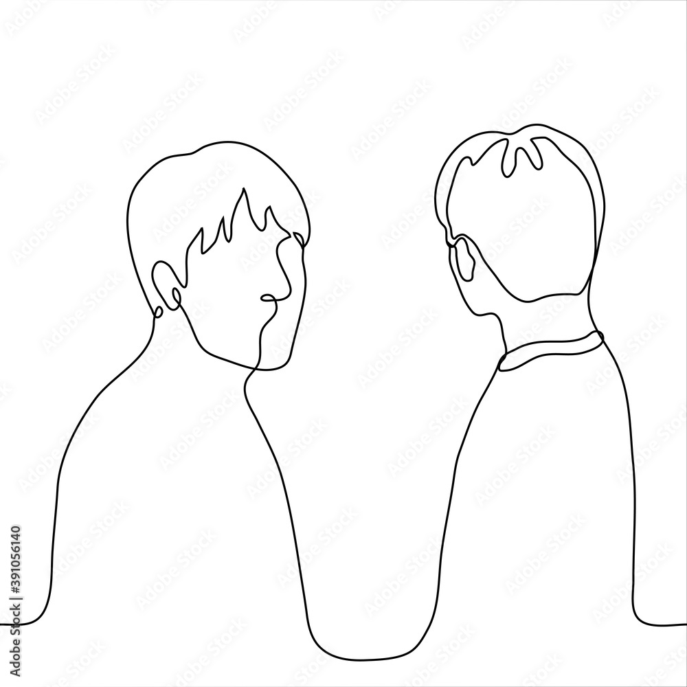 two men stand side by side but look in opposite directions, one stands ...