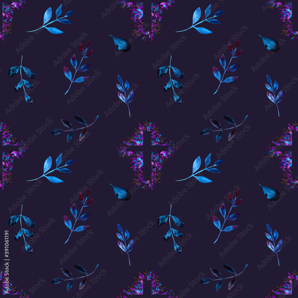 Blue and purple watercolor floral religious cross seamless pattern on a ...