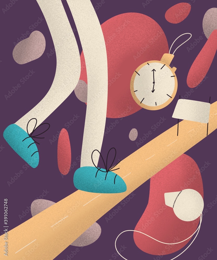 sports illustration. legs of cartoon character running on a road and ...