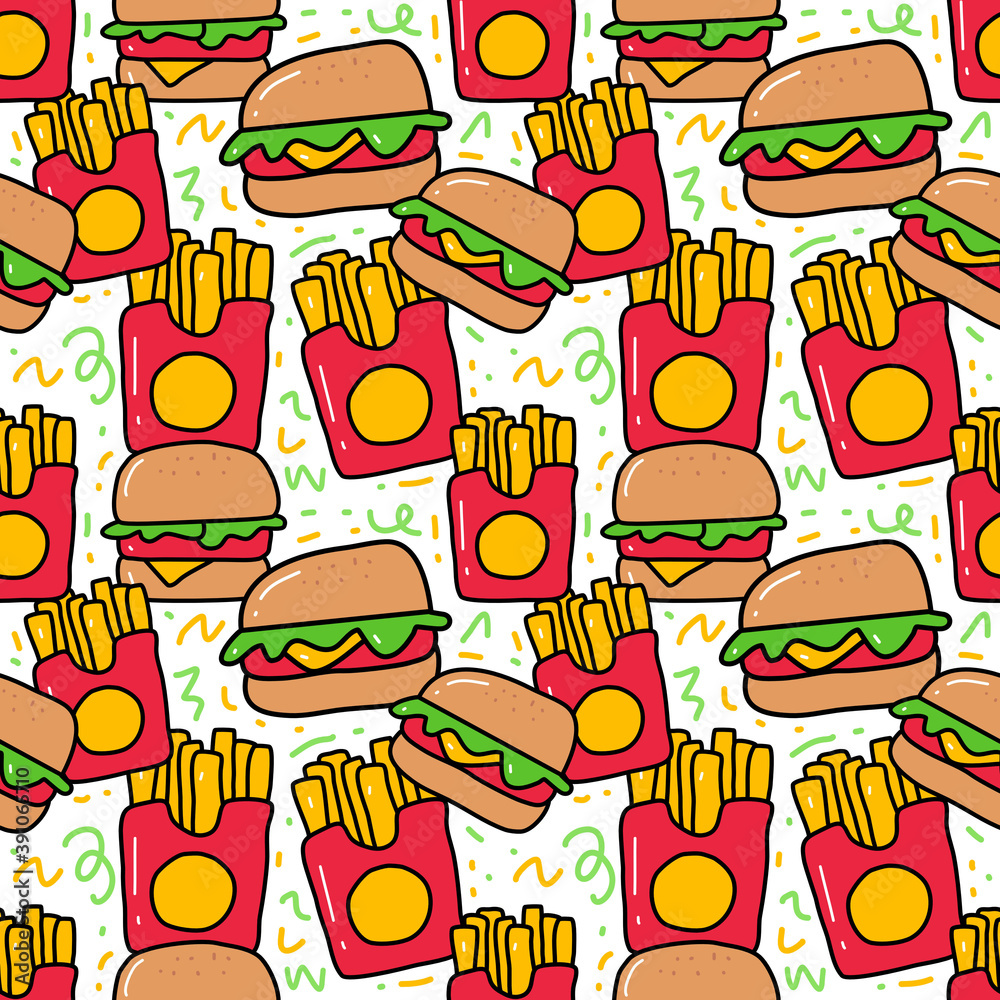 Doodle collection set of fries and burger element. Can use for fabric ...