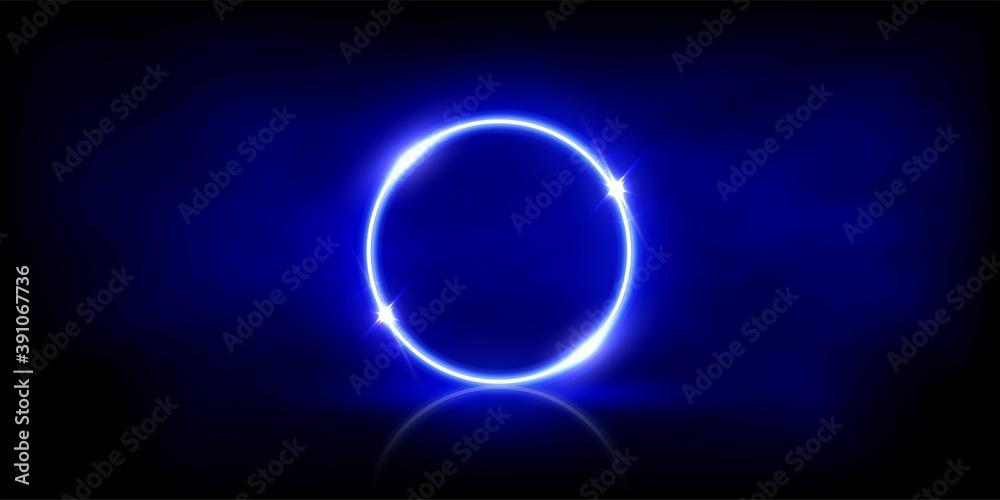 Glowing neon blue circle with sparkles in fog abstract background ...
