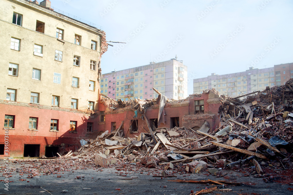 Blurred image Pile of demolition rubble. Gray rubble at a building site ...