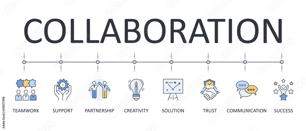 Vector banner collaboration. Editable stroke icons. Trust communication ...