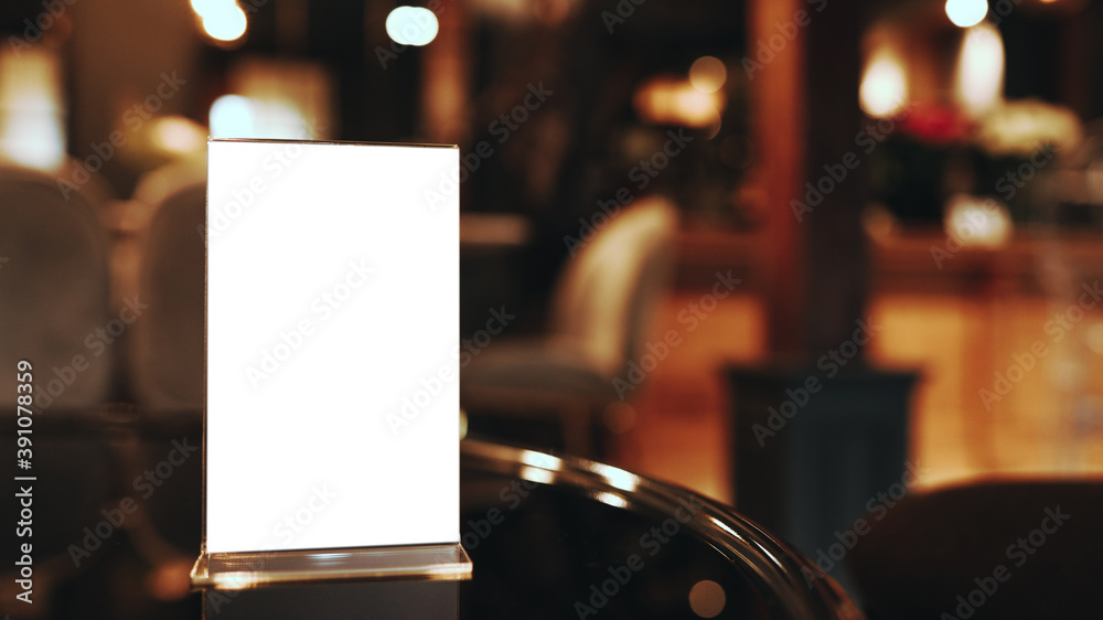 cafe menu. Menu frame standing on wood table in Bar restaurant cafe ...