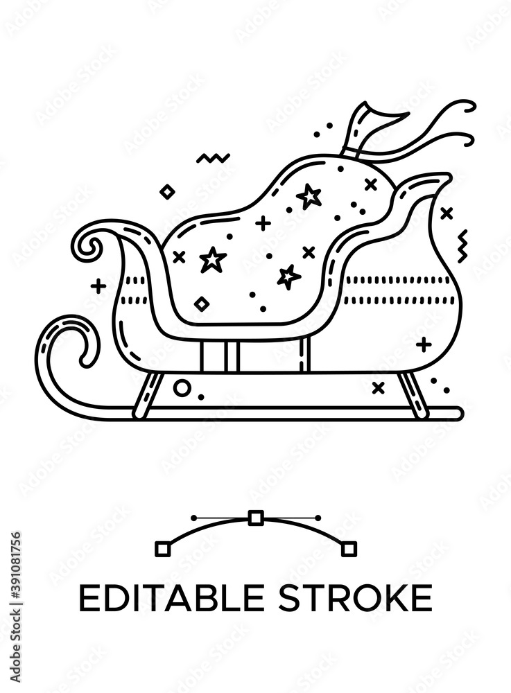Santa sleigh with gift sack linear icon. Thick line pictogram. Isolated ...
