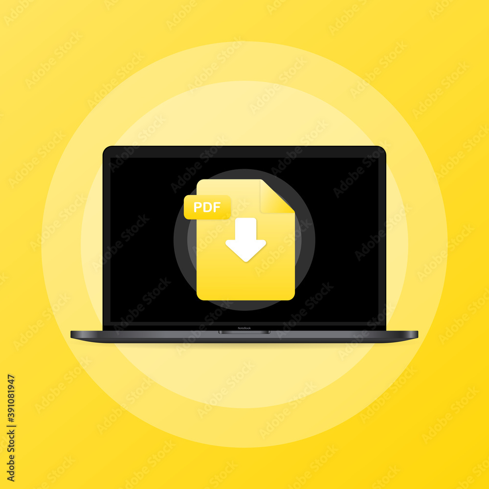Laptop and download PDF file icon. Document downloading concept. PDF ...