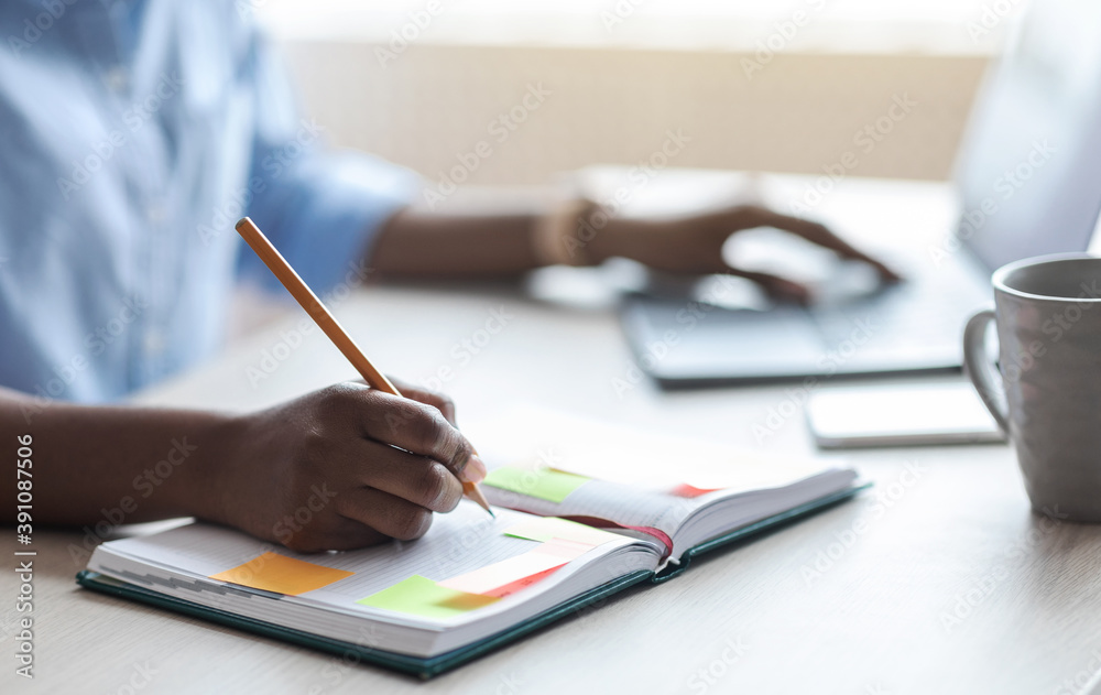 Busy Unrecognizable Woman Writing In Notepad, Taking Notes At Workplace ...