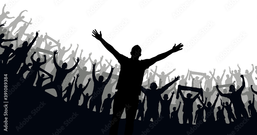 Vetor de Crowd of fans. Happy people have fun celebrating. Thumbs up ...