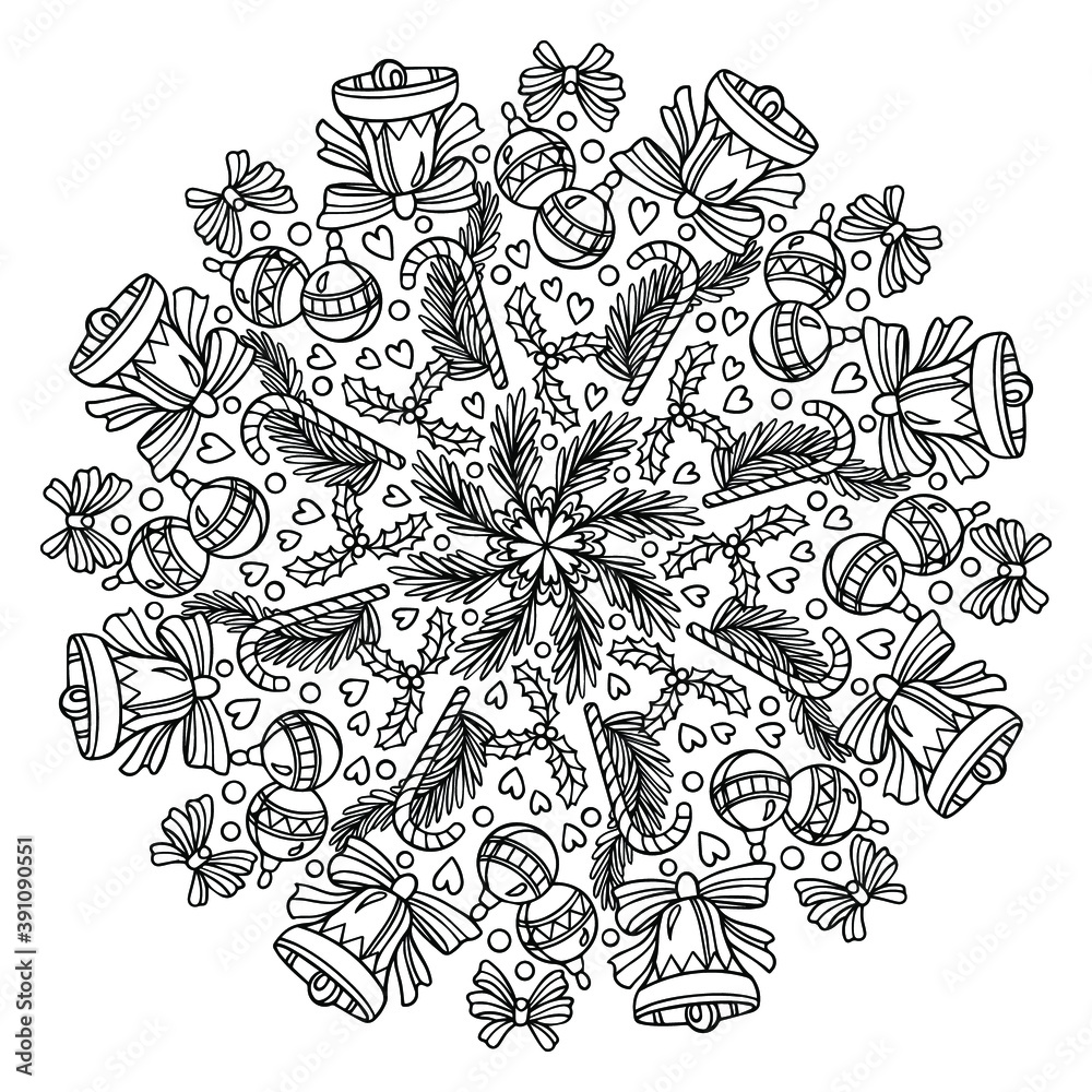 Christmas mandala with decorative elements. Coloring page. Vector ...