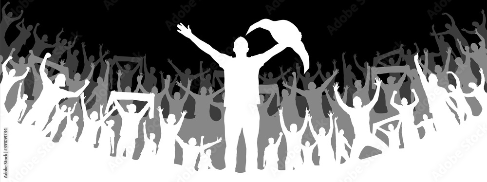 Abstract silhouette of a boxer-fighter on a white background. A crowd ...